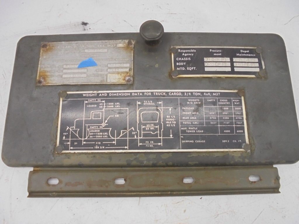 DODGE M37 W/WINCH 5/52 ORIGINAL DATA PLATE 6795XXX – One Jeep | Jeep ...