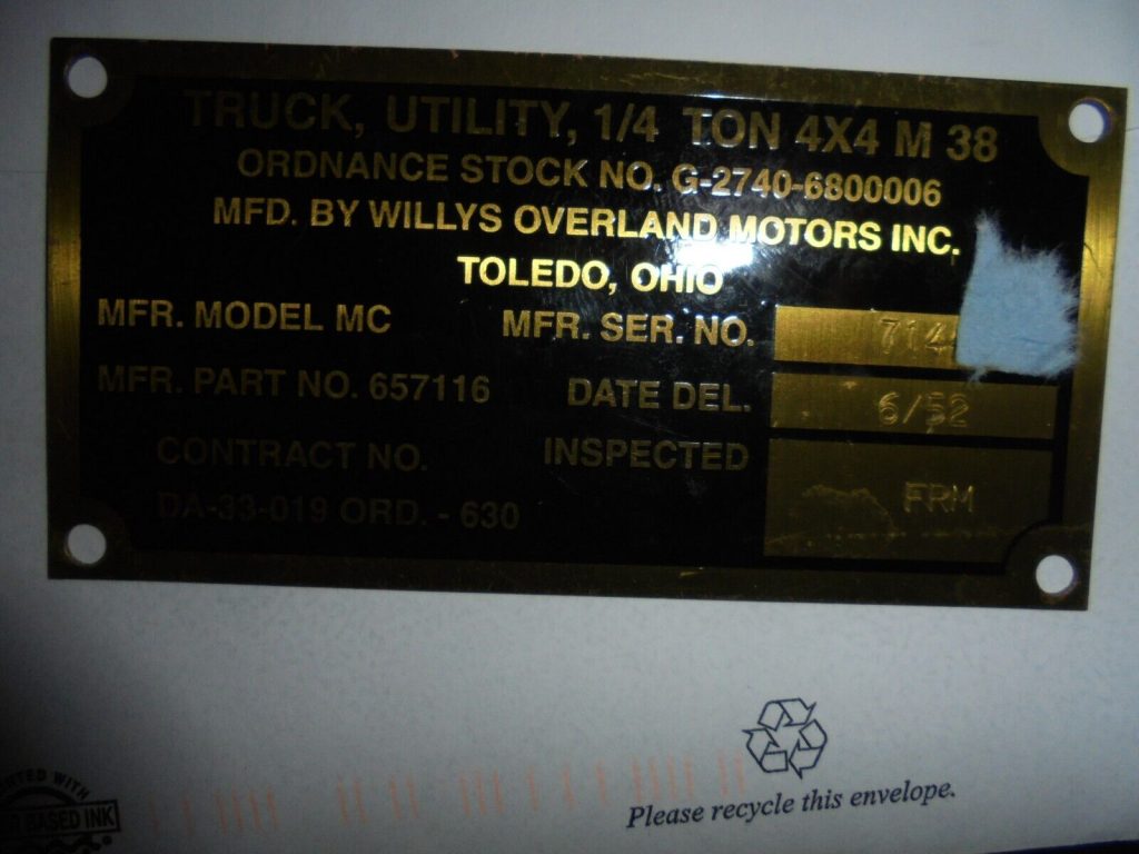 1952 JEEP WILLYS M38 DATA PLATE W/NUMBERS DATED 6/52 – One Jeep | Jeep ...