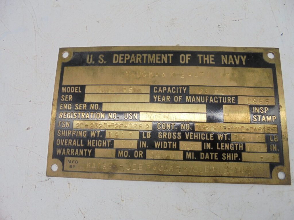 1965 DATED US NAVY JEEP DJ-5 NEW ORIGINAL DATA PLATE – One Jeep | Jeep ...